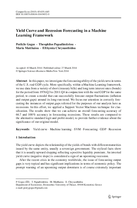 (PDF) Yield Curve and Recession Forecasting in a Machine Learning Framework