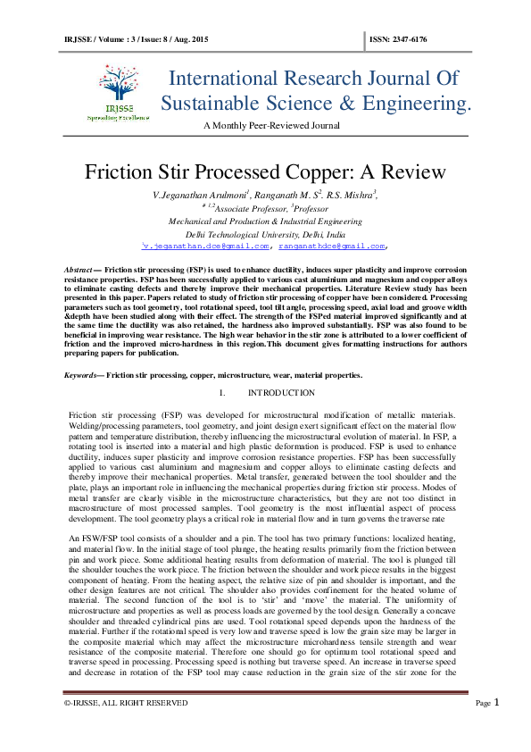 (PDF) Friction Stir Processed Copper: A Review
