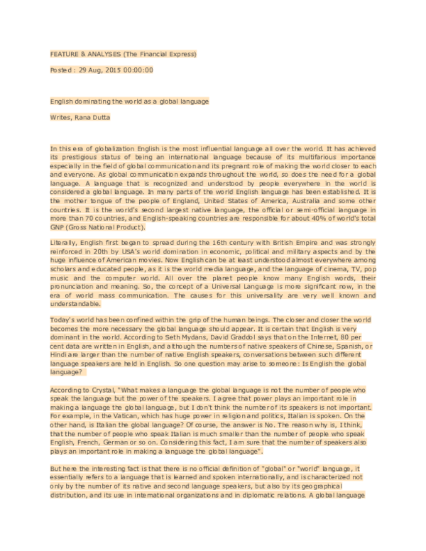 (PDF) English dominating the world as a global language