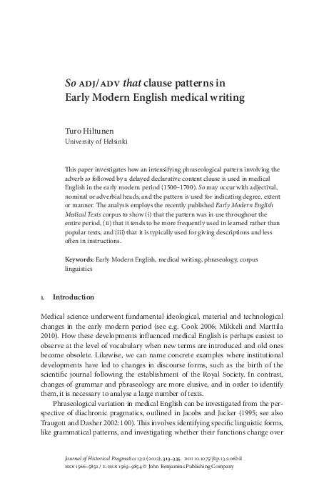 (PDF) So ADJ/ADV that clause patterns in Early Modern English medical ...