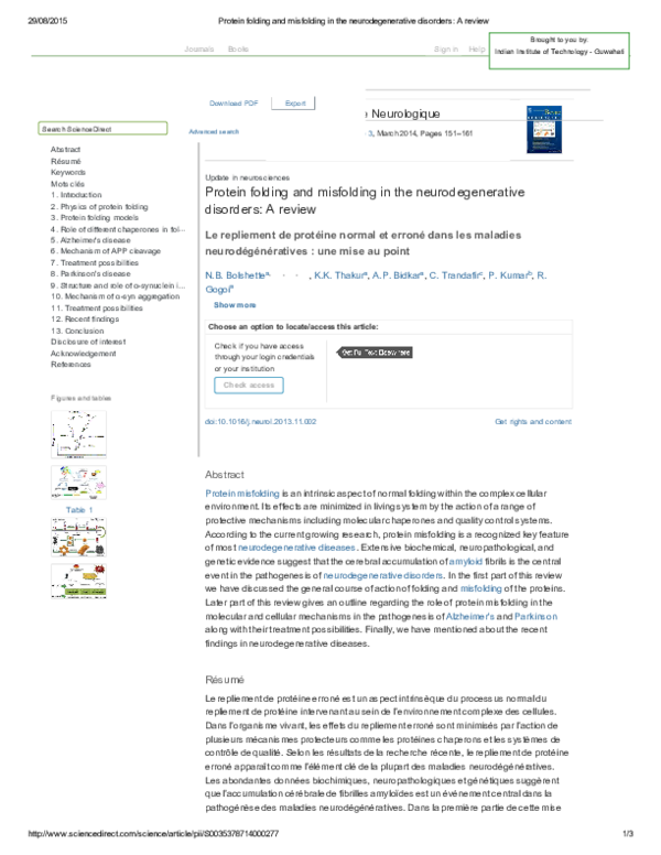 (PDF) Protein folding and misfolding in the neurodegenerative disorders: A review