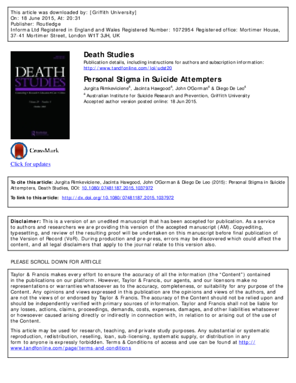 (PDF) Personal Stigma in Suicide Attempters