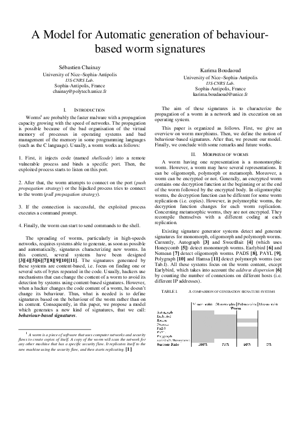 (PDF) A Model for Automatic generation of behaviour- based worm signatures