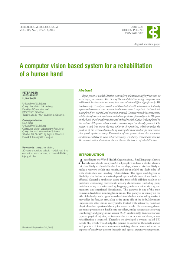 (PDF) A computer vision based system for a rehabilitation of a human hand