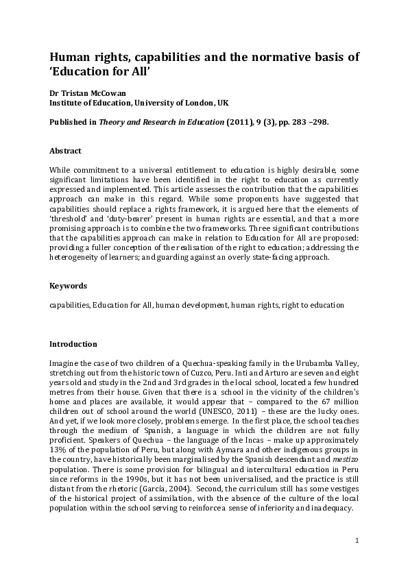 (PDF) Human rights, capabilities and the normative basis of ‘Education ...