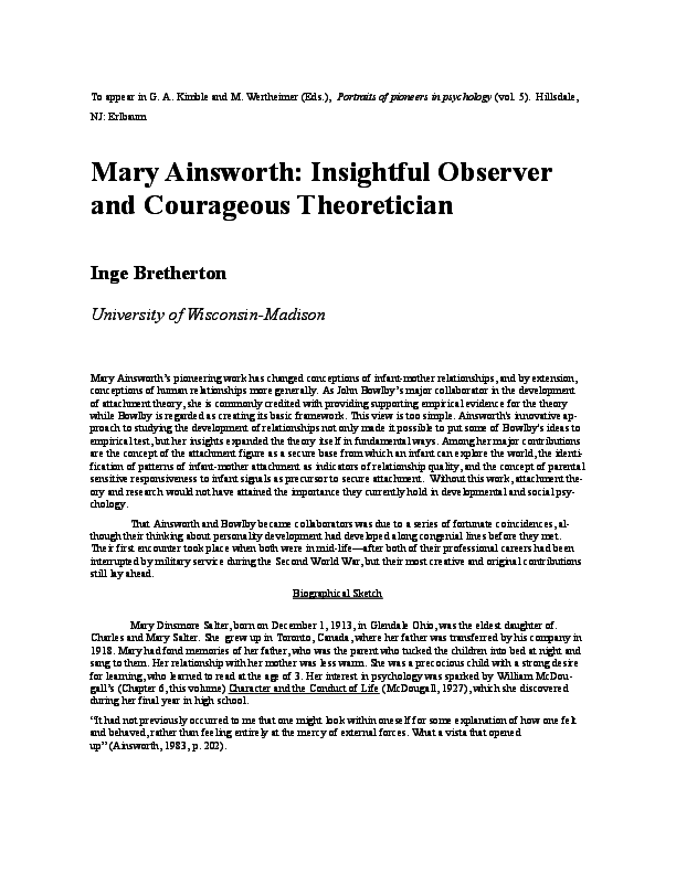 (PDF) Mary Ainsworth: Insightful Observer and Courageous Theoretician