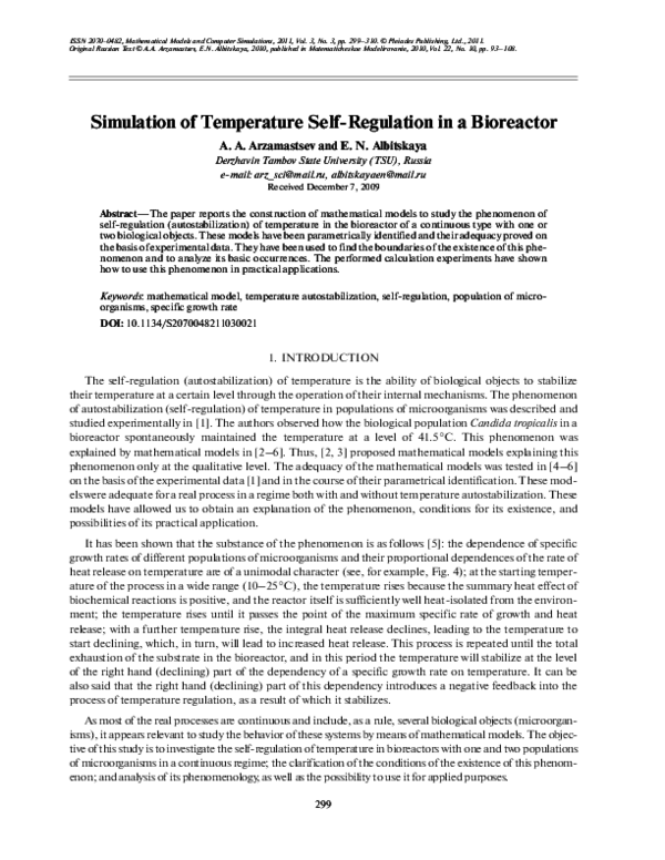 (PDF) Simulation of Temperature Self-Regulation in a Bioreactor (in ...
