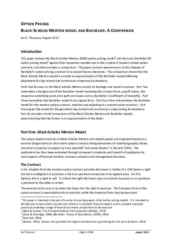 (PDF) Option Pricing Bachelier Black-Scholes Merton : A Comparison