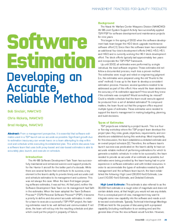 (PDF) Software Estimation Developing an Accurate Reliable Method
