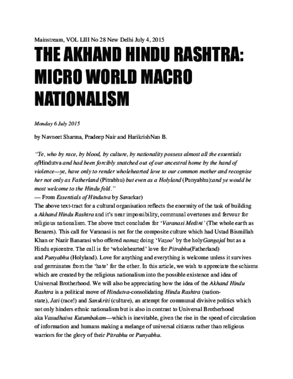 (PDF) THE AKHAND HINDU RASHTRA: MICRO WORLD MACRO NATIONALISM