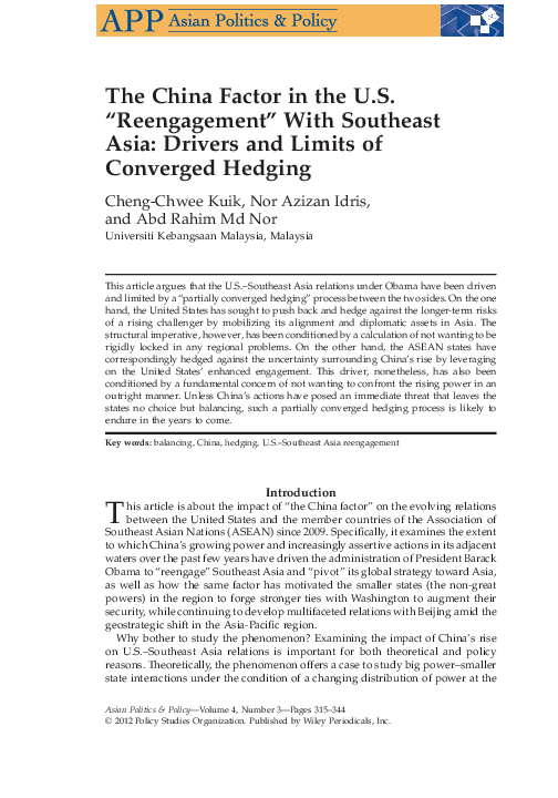 (PDF) “The China Factor in the U.S. ‘Reengagement’ with Southeast Asia ...