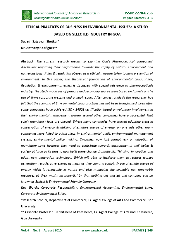 (PDF) ETHICAL PRACTICES OF BUSINESS IN ENVIRONMENTAL ISSUES: A STUDY ...