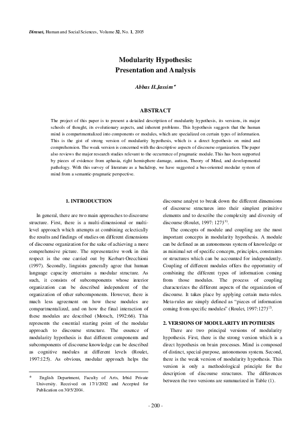 (PDF) Modularity Hypothesis: Presentation and Analysis