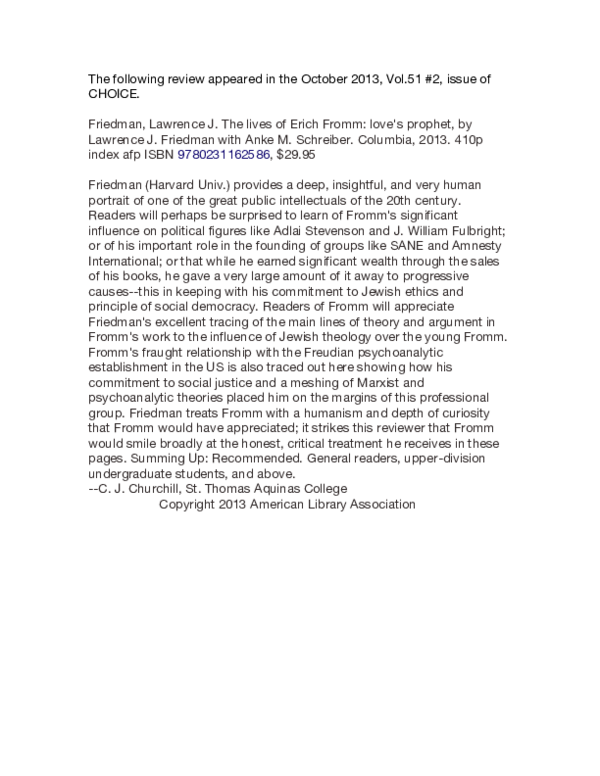 (PDF) "The Lives of Erich Fromm: Love's Prophet," by Lawrence J ...