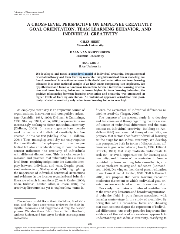 (PDF) A CROSS-LEVEL PERSPECTIVE ON EMPLOYEE CREATIVITY: GOAL ...