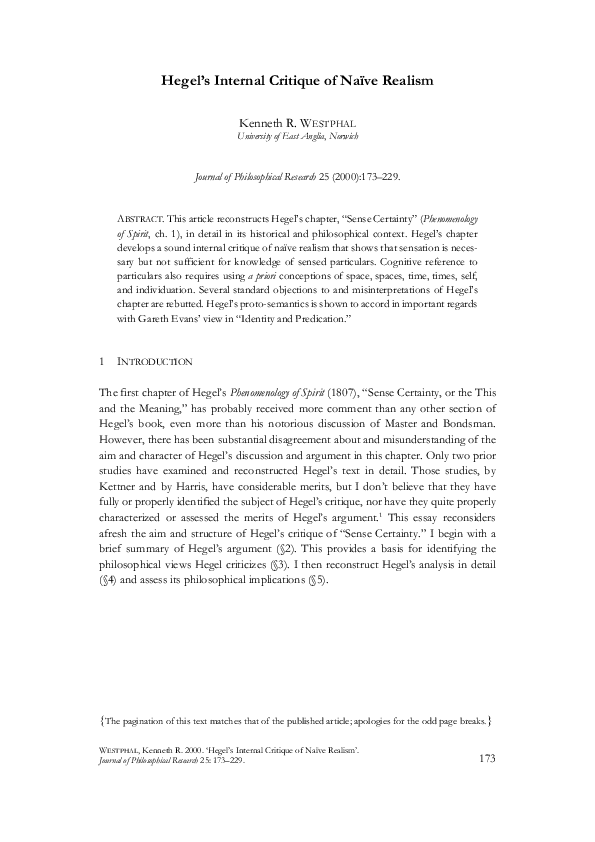 Hegel's Internal Critique of Naive Realism