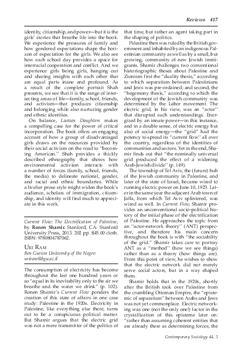 (PDF) Uri Ram's Review of Current Flow - The Electrification of Palestine