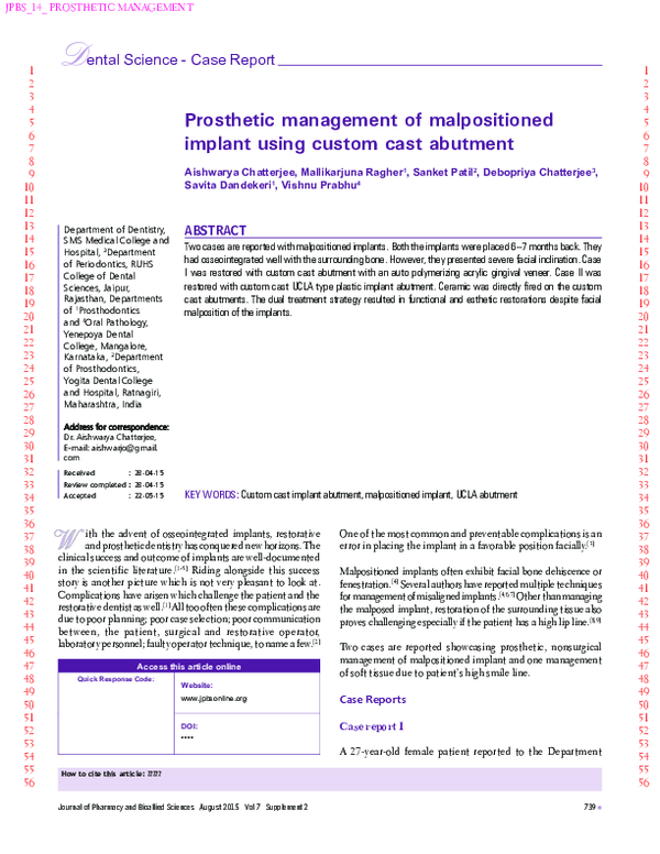 (PDF) Prosthetic management of malpositioned implant using custom cast ...