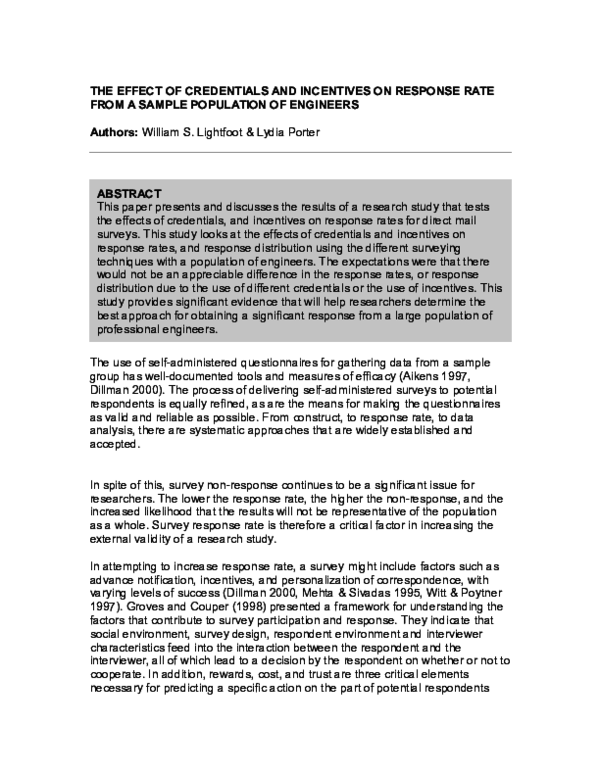 (DOC) THE EFFECT OF CREDENTIALS AND INCENTIVES ON RESPONSE RATE FROM A SAMPLE POPULATION OF ...