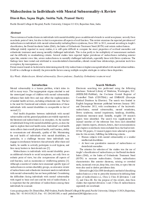 (PDF) Malocclusion in Individuals with Mental Subnormality-A Review