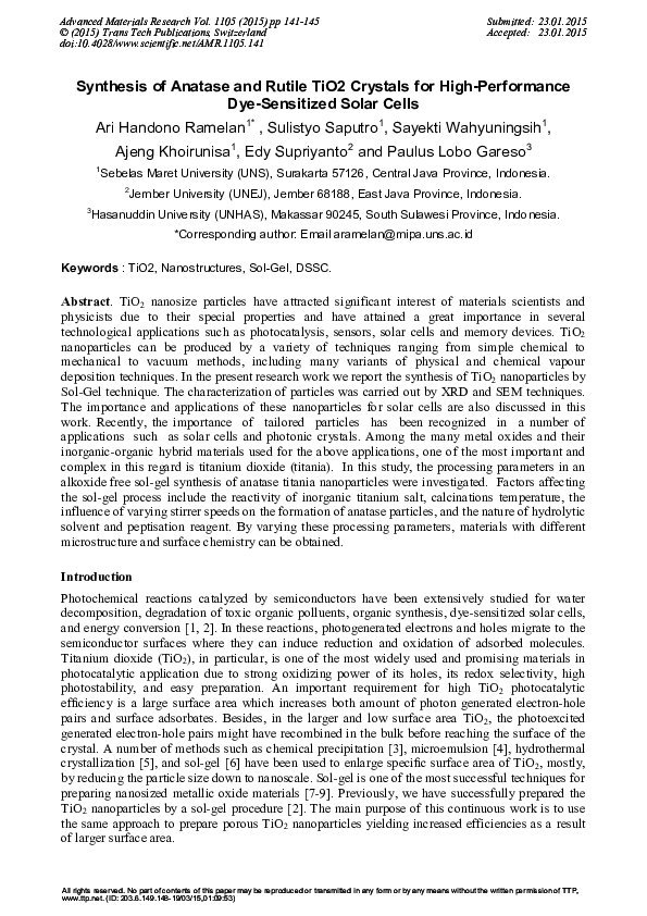 Pdf Synthesis Of Anatase And Rutile Tio 2 Crystals For High Performance Dye Sensitized Solar Cells