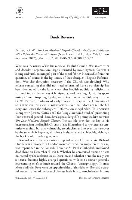 (PDF) Review of G.W. Bernard, The Late Medieval English Church ...