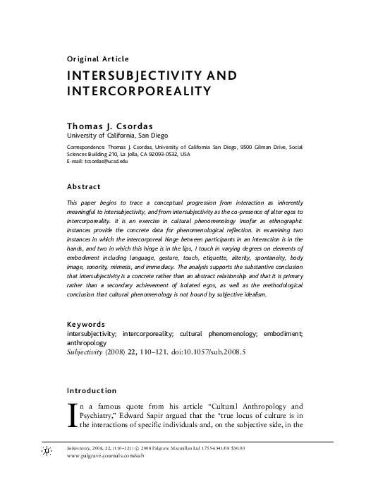 (PDF) Intersubjectivity and Intercorpoeality