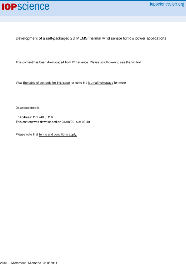 Development Of A Self Packaged 2d Mems Thermal Wind Sensor For Low Power Applications