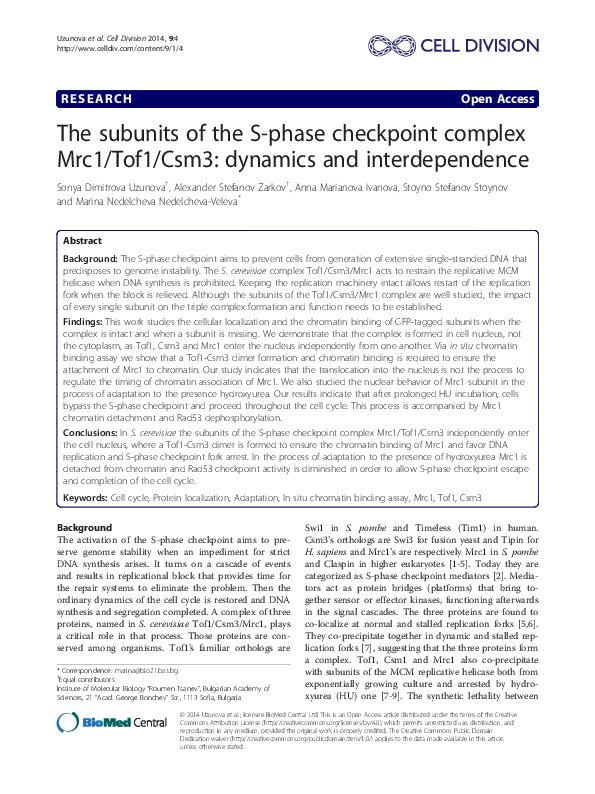 (PDF) The subunits of the S-phase checkpoint complex Mrc1/Tof1/Csm3 ...