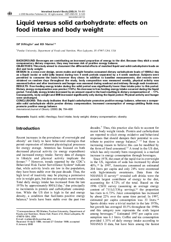 (PDF) Liquid versus solid carbohydrate: effects on food intake and body ...