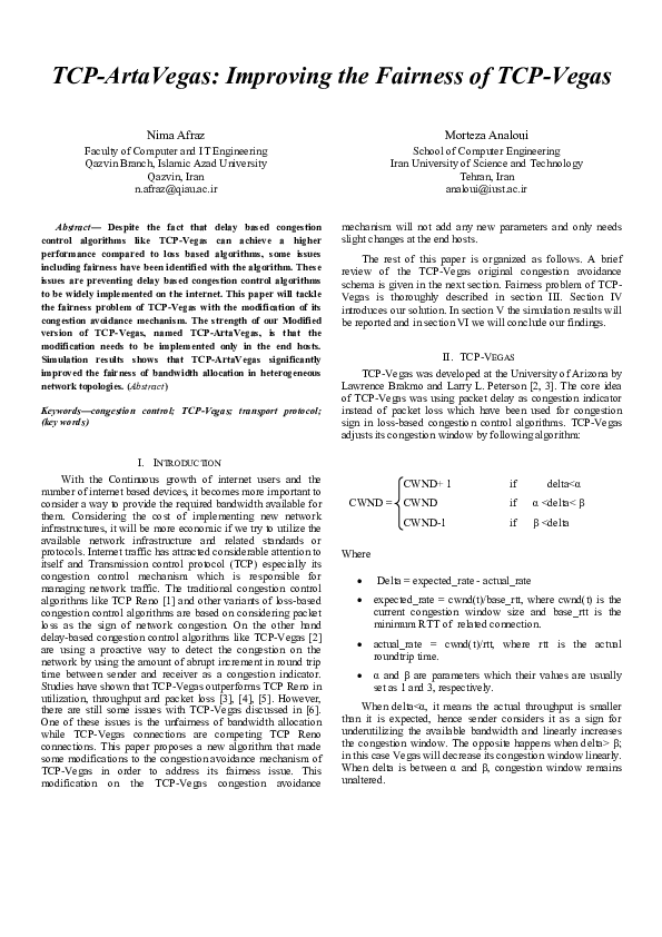 (PDF) TCP-ArtaVegas: Improving the Fairness of TCP-Vegas