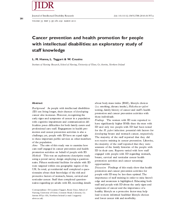 (PDF) Cancer prevention and health promotion for people with ...