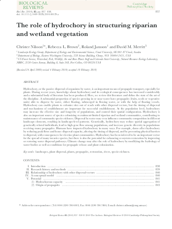 (PDF) The role of hydrochory in structuring riparian and wetland vegetation