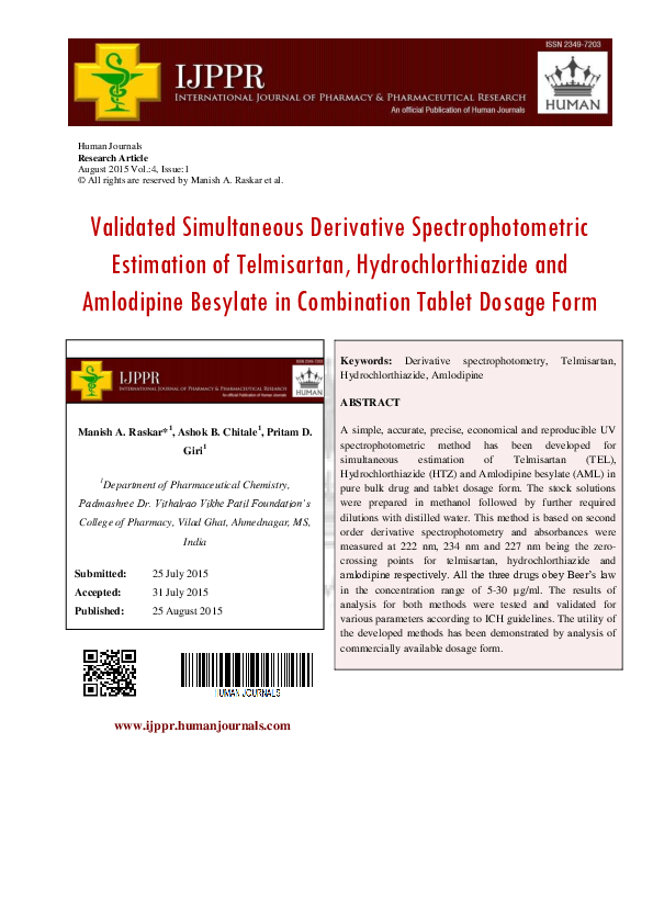 Pdf Validated Simultaneous Derivative Spectrophotometric Estimation Of Telmisartan