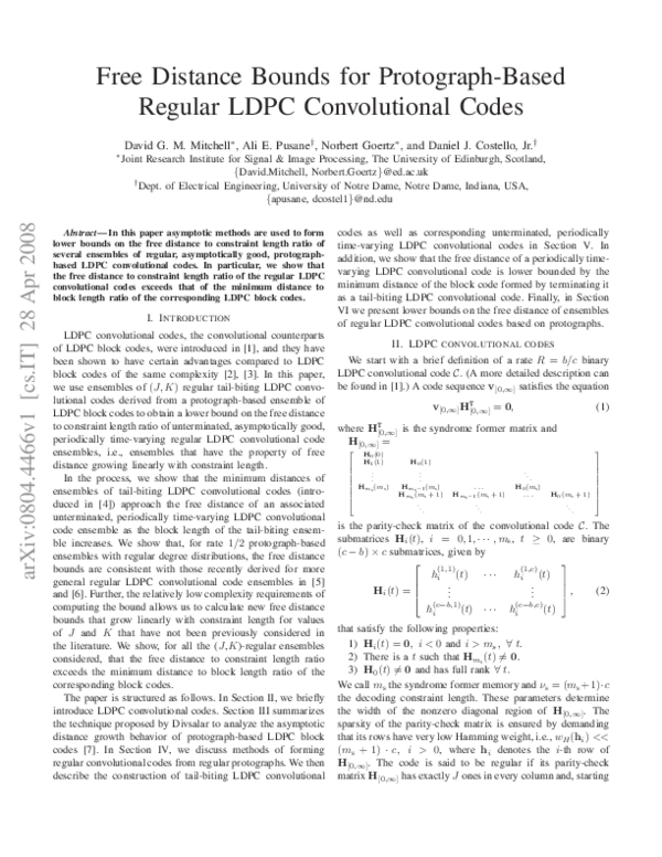 (PDF) Free Distance Bounds for Protograph-Based Regular LDPC Convolutional Codes