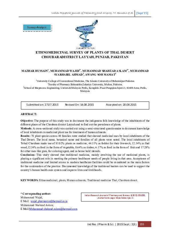 (PDF) ETHNOMEDICINAL SURVEY OF PLANTS OF THAL DESERT CHOUBARA DISTRICT ...