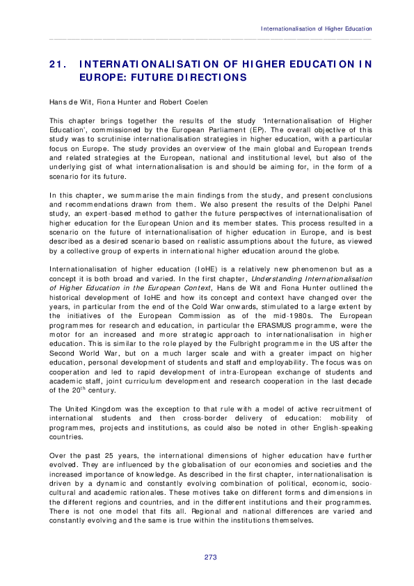 (PDF) Internationalisation of Higher Education in Europe: Future Directions