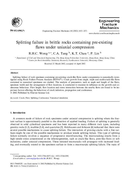 Wong R.H.C., Tang C.A., Chau K.T. and Lin P. (2002). ”Splitting failure in brittle rocks ...