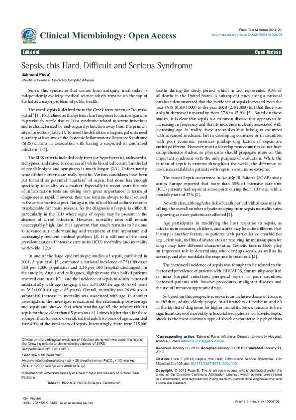 (PDF) Sepsis, this Hard, Difficult and Serious Syndrome
