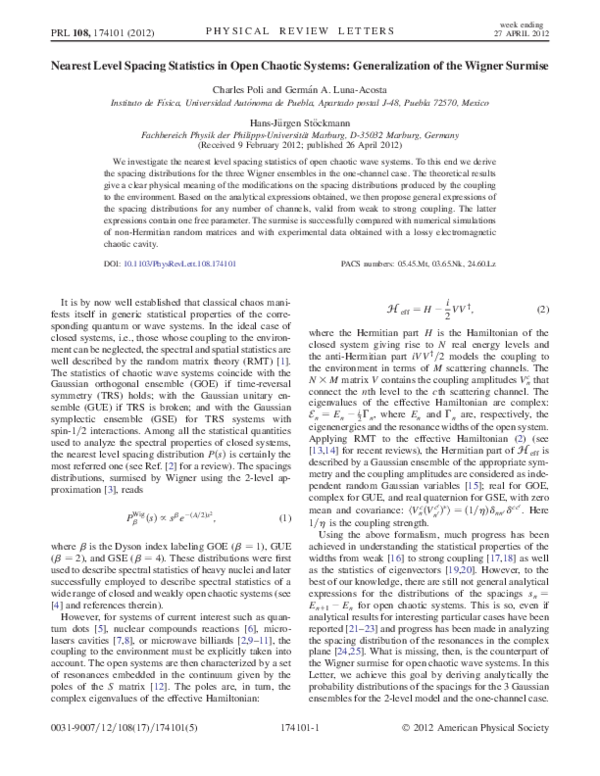 (PDF) Nearest Level Spacing Statistics in Open Chaotic Systems: Generalization of the Wigner Surmise