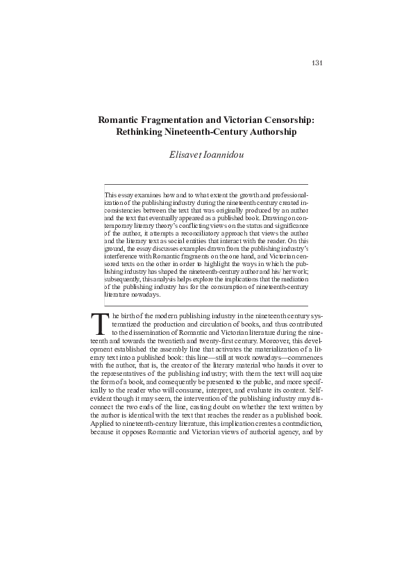 (PDF) “Romantic Fragmentation and Victorian Censorship: Rethinking ...
