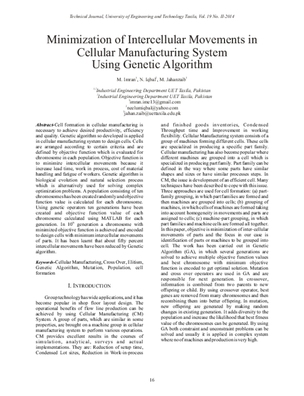 (PDF) Minimization of inter cellular movements in cellular manufacturing system using Genetic ...