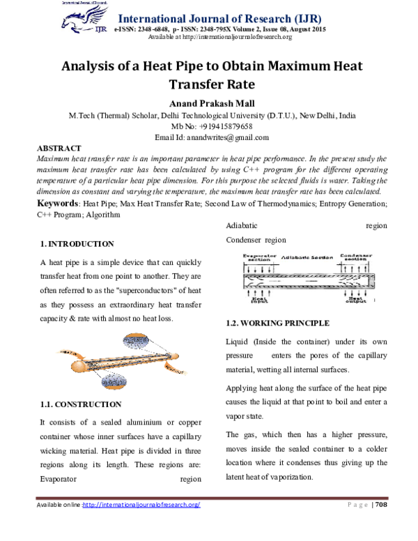 (PDF) Analysis of a Heat Pipe to Obtain Maximum Heat Transfer Rate