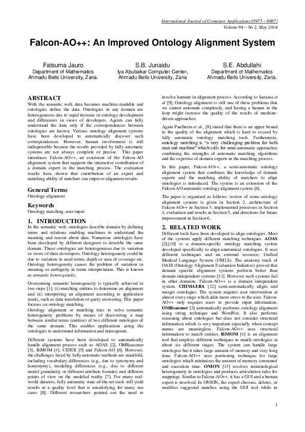 Pdf Falcon Ao An Improved Ontology Alignment System