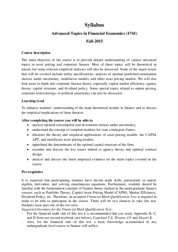(PDF) Syllabus Advanced Topics in Financial Economics (1741) Fall-2015 ...