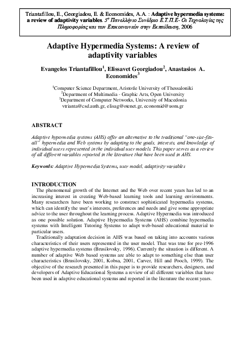 (PDF) Adaptive Hypermedia Systems: A review of adaptivity variables