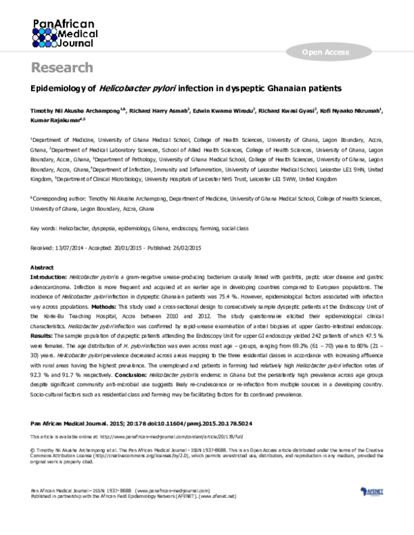 (PDF) Epidemiology of Helicobacter pylori infection in dyspeptic ...