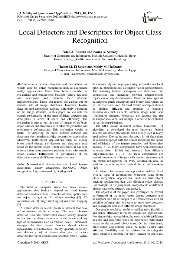 Pdf Local Detectors And Descriptors For Object Class Recognition