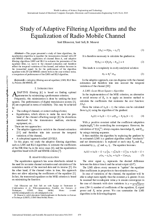 (PDF) Study of Adaptive Filtering Algorithms and the Equalization of Radio Mobile Channel