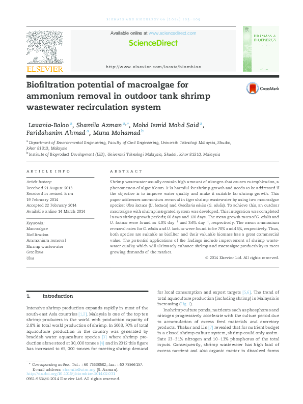 (PDF) Biofiltration potential of macroalgae for ammonium removal in ...
